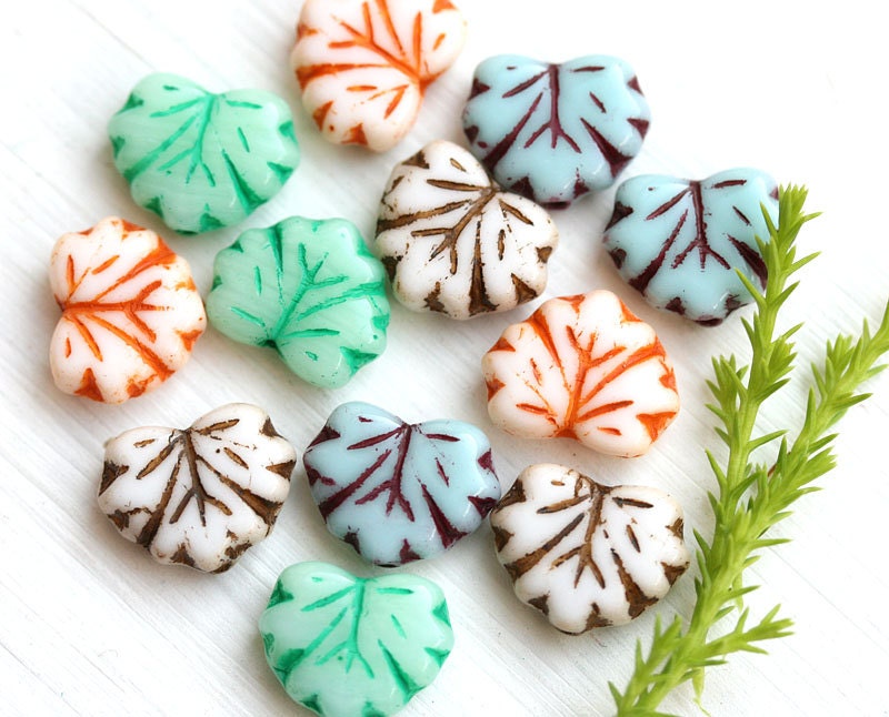 12pc Fancy Maple Leaf Beads Mix Czech Glass Leaves Blue | Etsy