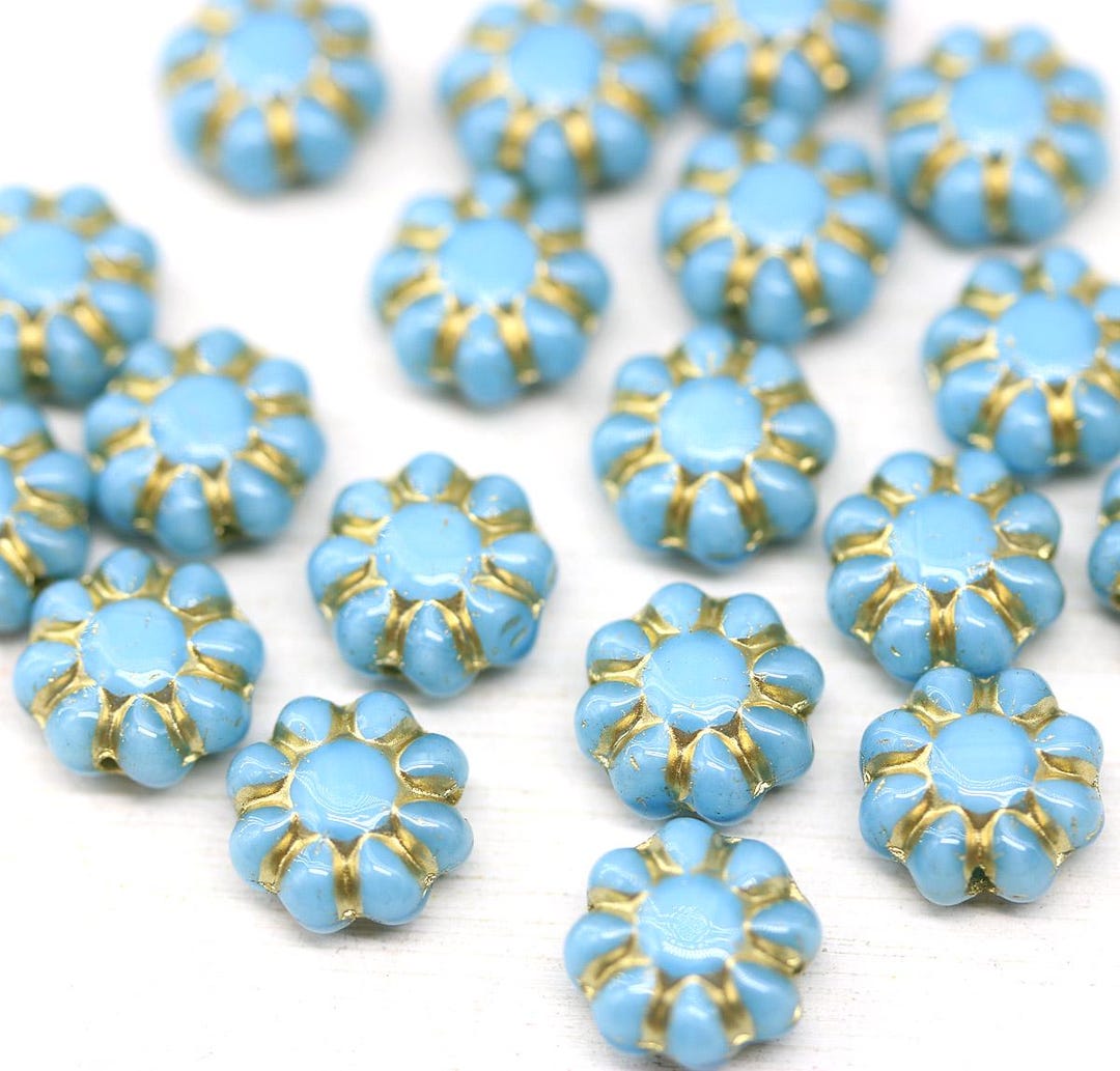 9mm Blue Golden Inlays Daisy Flower Beads Czech Glass Floral Beads 20pc ...