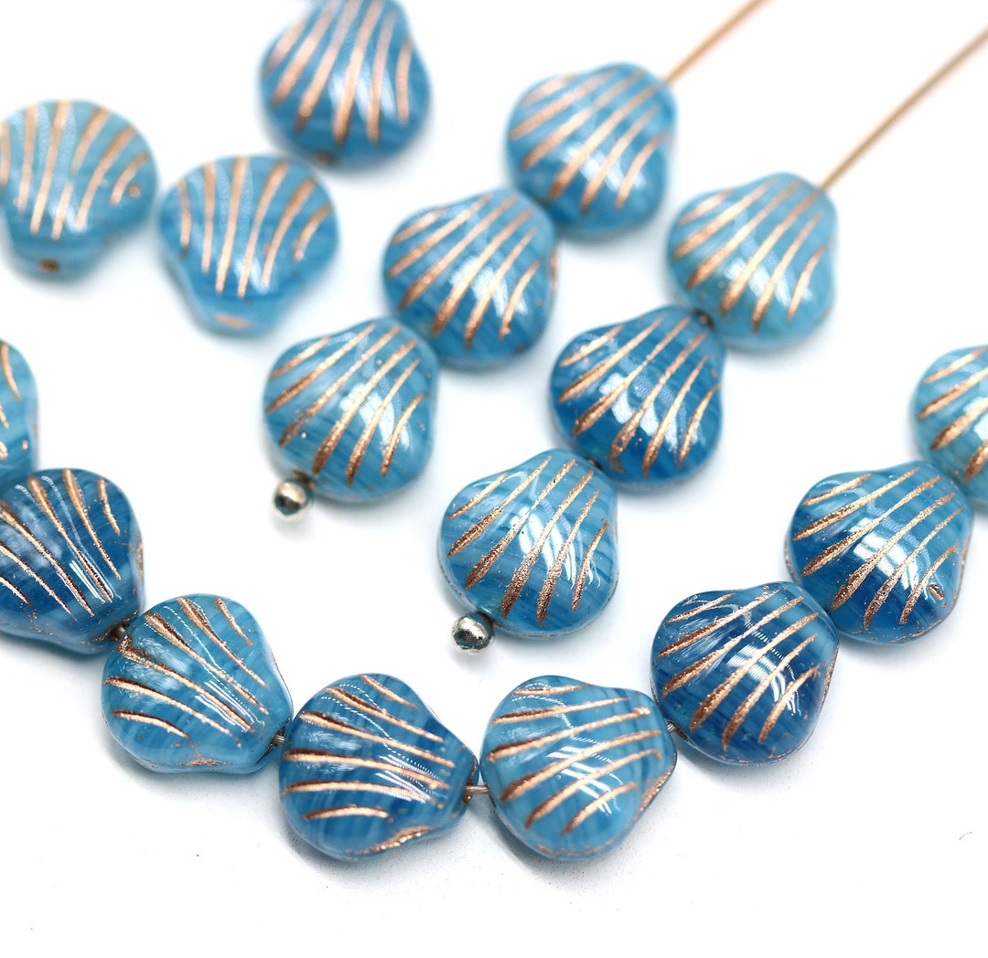 Blue Glass Shell Beads Copper Wash 9mm Blue Czech Beads Center Drilled ...