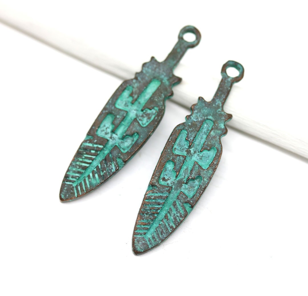 4pc Copper Feather Charms Green Verdigris Patina Long Feather - Etsy