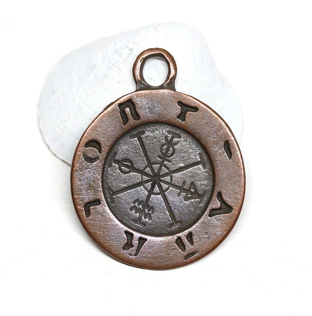 Ancient Symbols Round Copper Pendant Bead Greek Metal Casting Antique ...