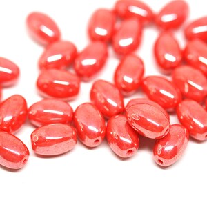 Coral Red Oval Beads Czech Glass Pressed Barrel Beads With Luster Red ...