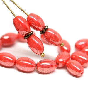 Coral Red Oval Beads Czech Glass Pressed Barrel Beads With Luster Red ...