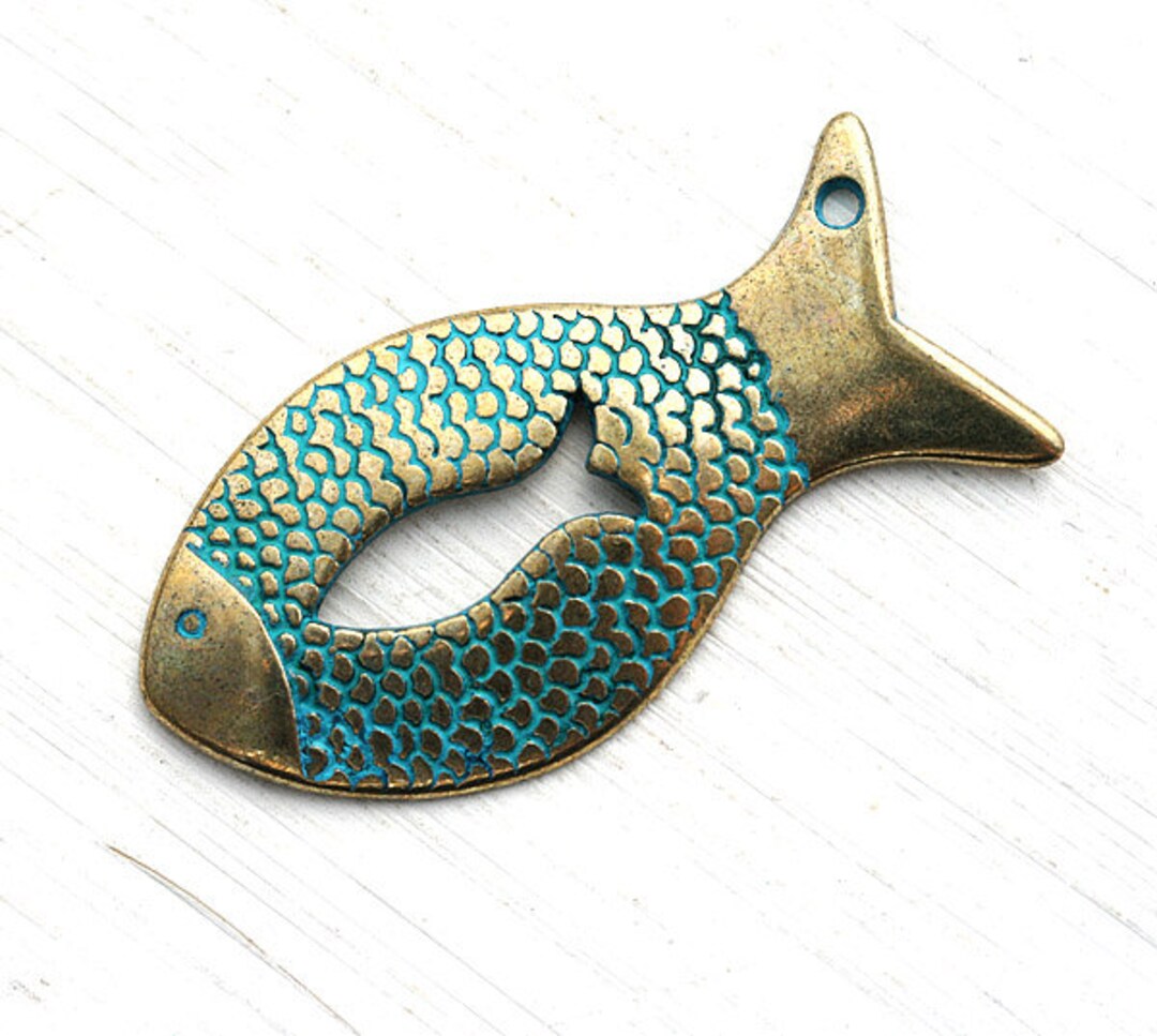 40mm Fish Pendant, Patinated Brass Metal Casting Large Fish Bead, Green ...