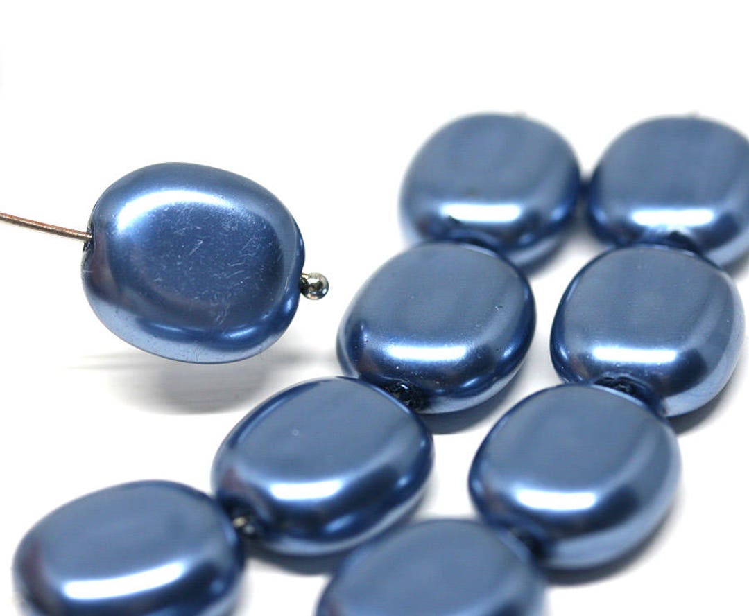 Faux Pearl Montana Blue Large Beads Flat Oval Czech Glass Pressed Beads ...