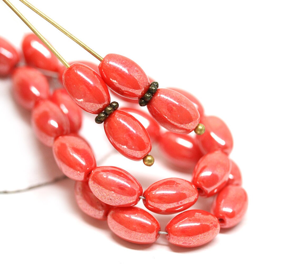 Coral Red Oval Beads Czech Glass Pressed Barrel Beads With Luster Red ...