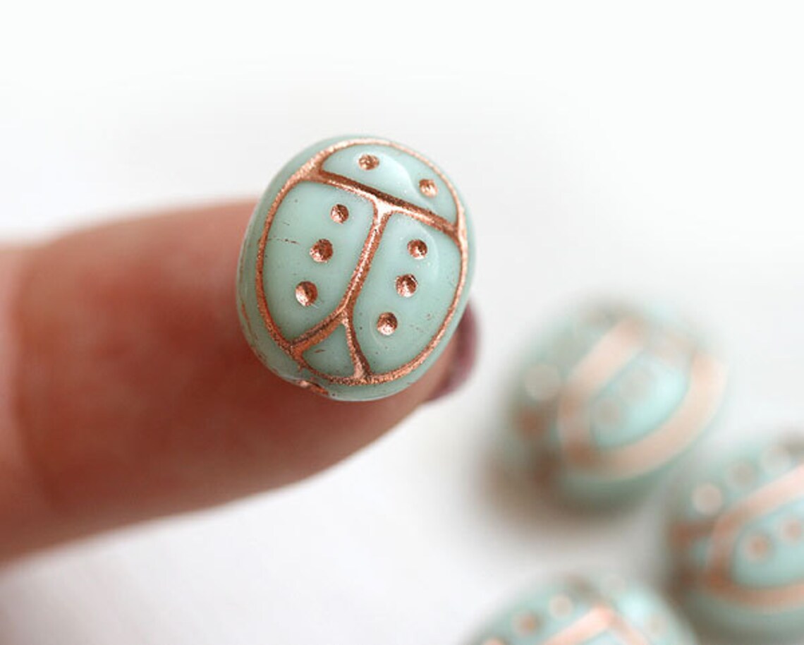 Ladybug Beads Green Gold Czech Glass Ladybird Bead Bug Insect 6pc ...