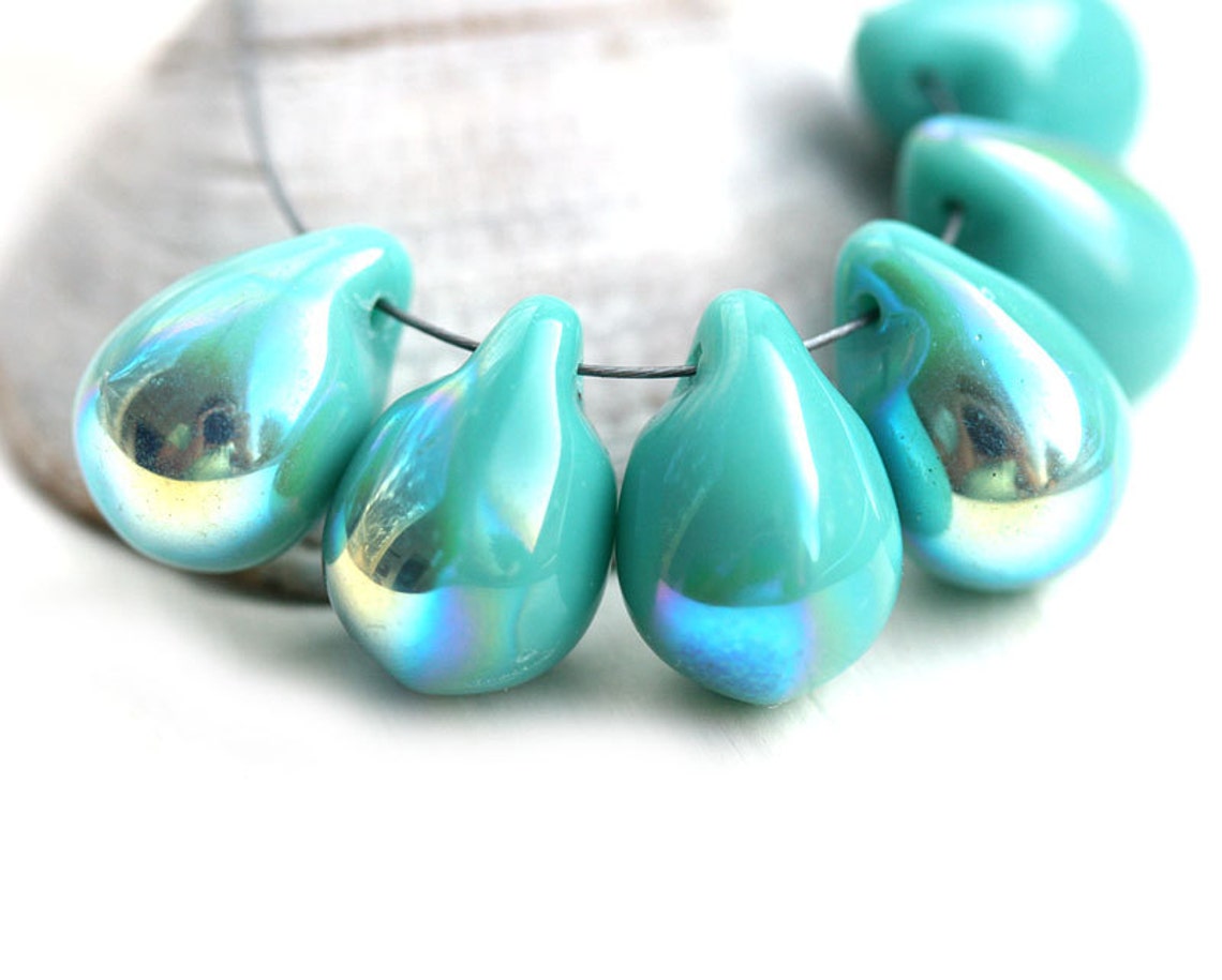 Turquoise Teardrops, Large Czech Glass Drops Briolettes, Green Raindrop ...