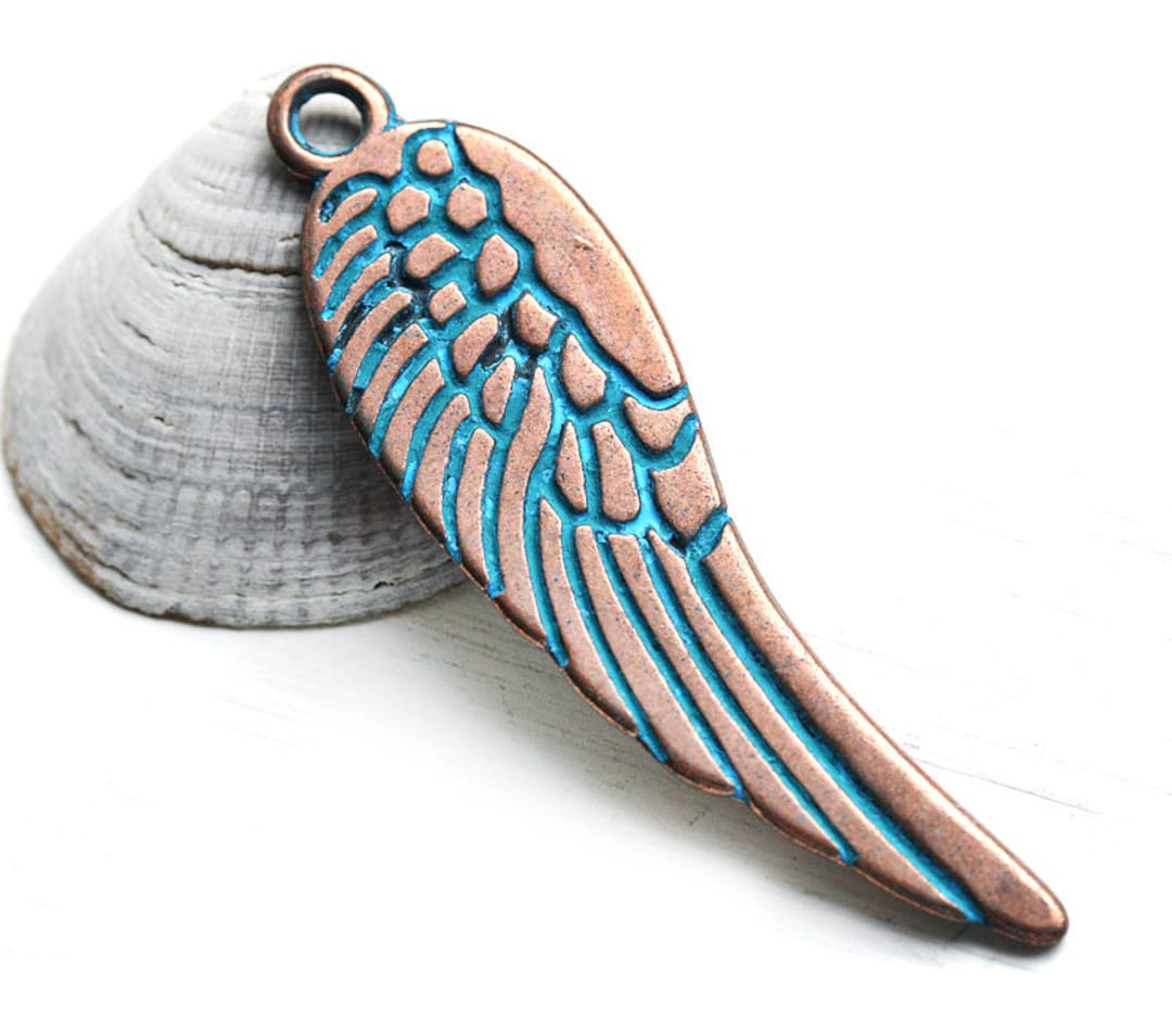 70mm Huge Angel Wing Pendant Bead Blue Patina on Copper Long Feather ...