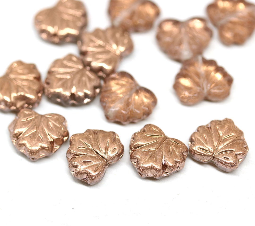 15pc Bright Copper Fancy Maple Leaf, Crystal Clear Czech Glass Leaf ...