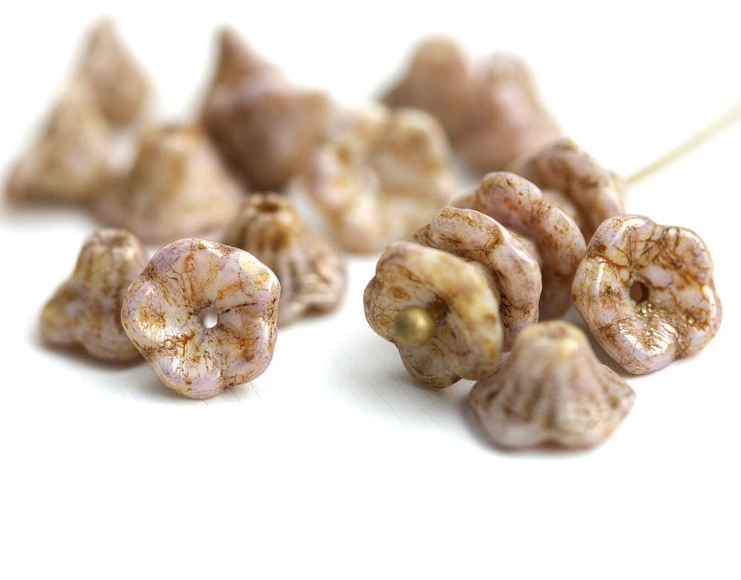 7x5mm Picasso Beige Pink Flower Cups, Czech Glass Beads, Small Bell ...