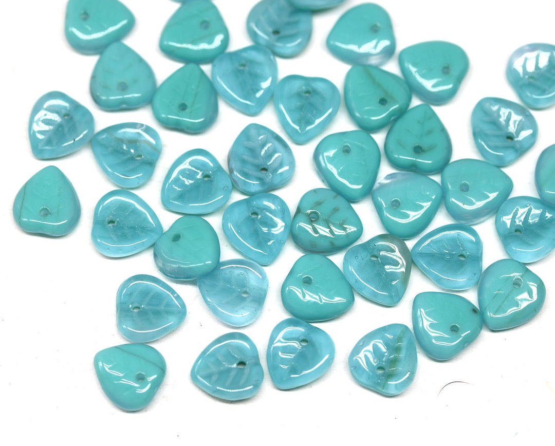 Mint Blue Glass Leaf Beads, Heart Shaped Triangle Leaf, Czech Glass ...