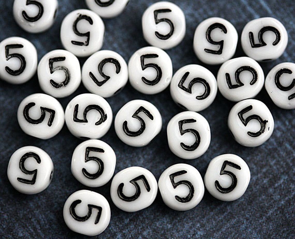 5 Number Beads White Czech Glass Beads With Black Inlays | Etsy