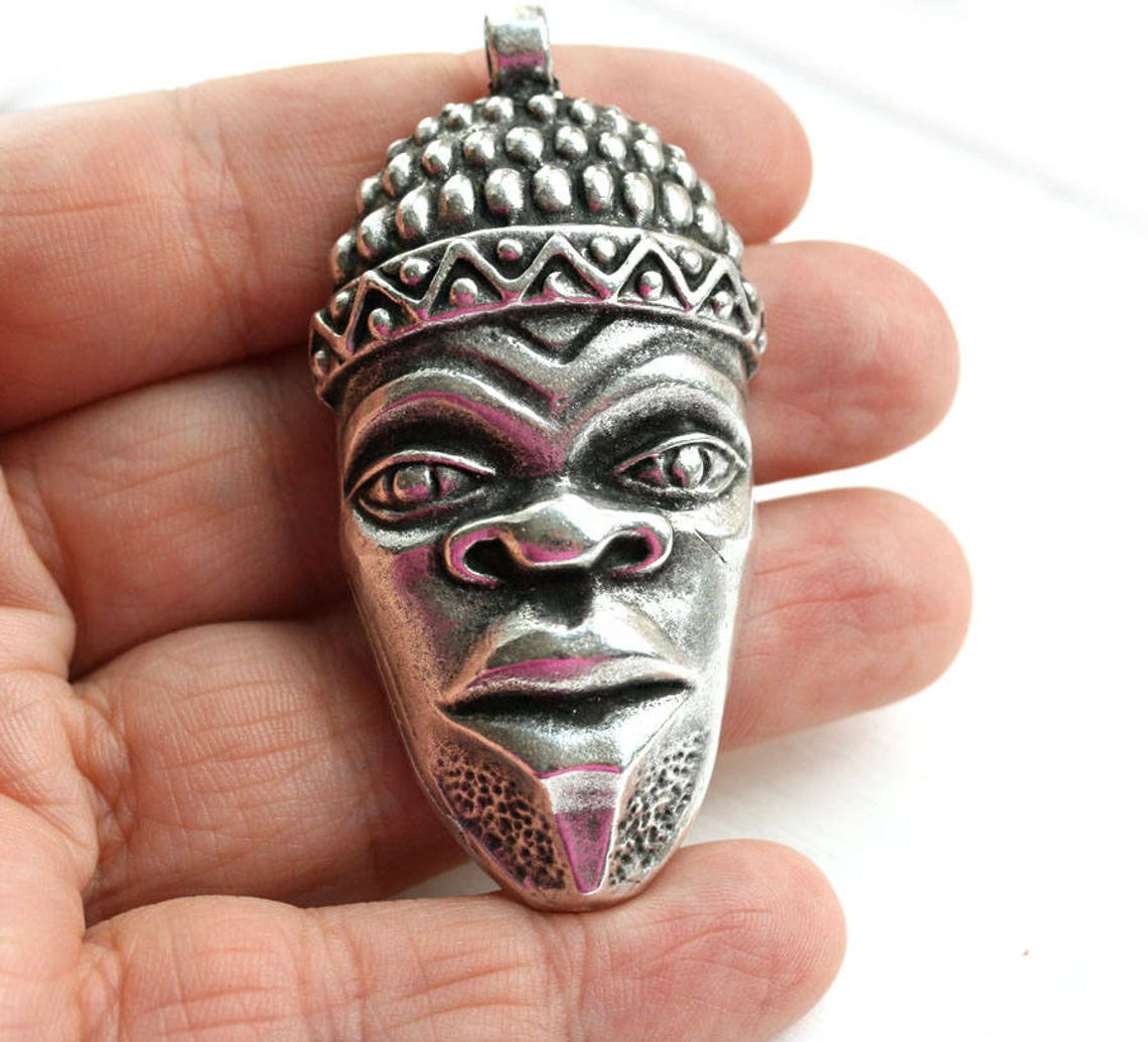 Extra Large African Mask Pendant Bead Antique Silver Tribal - Etsy