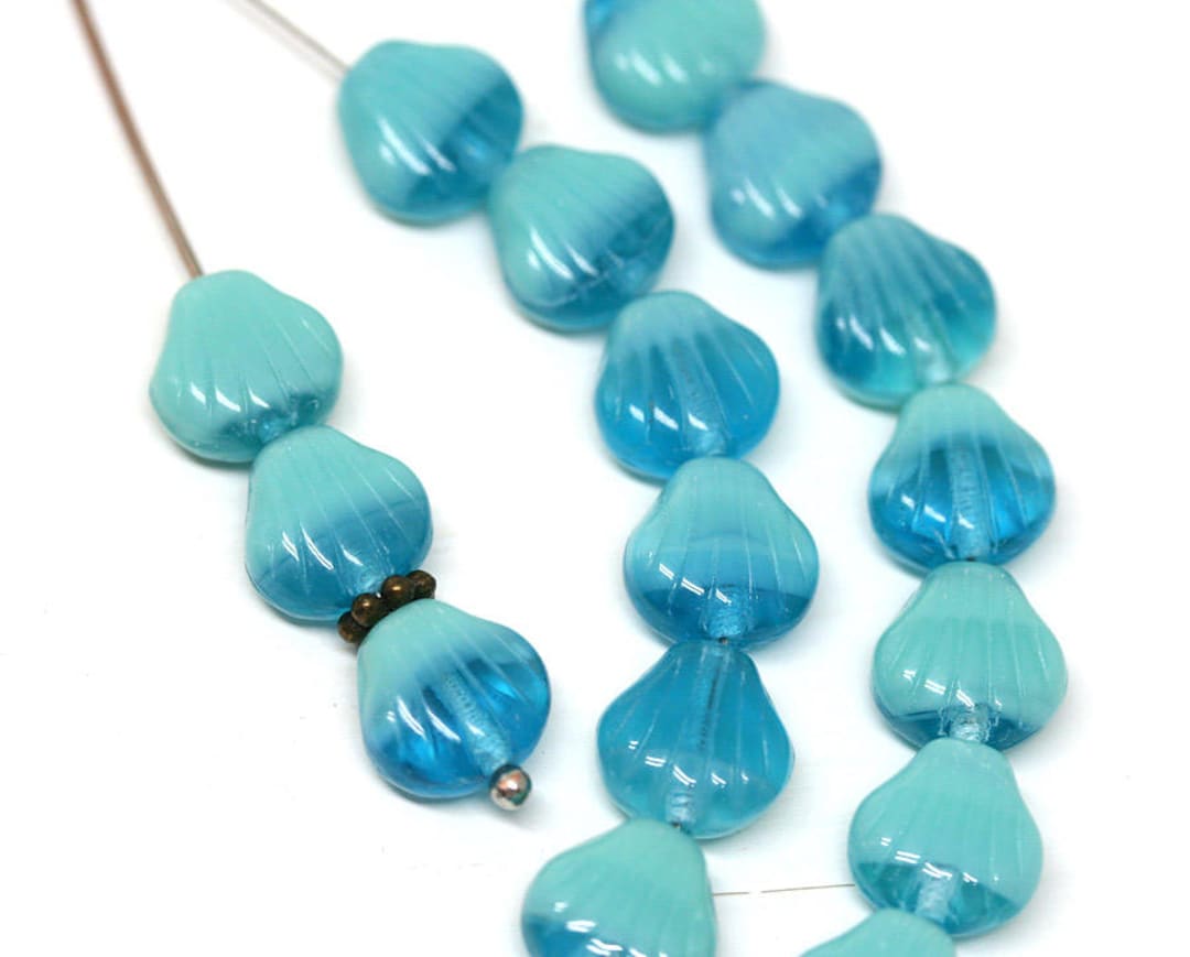 Blue Glass Shell Beads Mixed Sea Blue Czech Beads 9mm Center Drilled ...