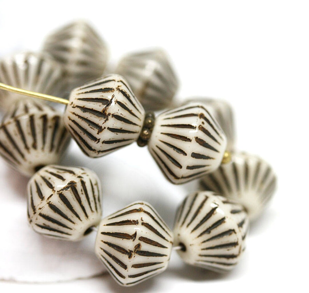 11mm Beige Bicones, Brown Stripes Czech Glass Beads, Light Beige Large ...