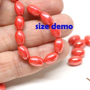 Coral Red Oval Beads Czech Glass Pressed Barrel Beads With Luster Red ...