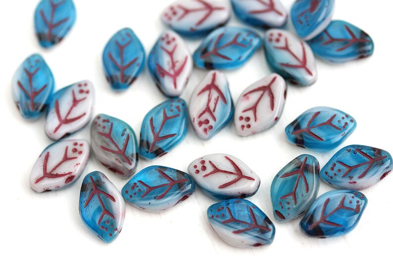 12x7mm Mixed Blue White Leaf Beads Dark Red Inlays Light - Etsy