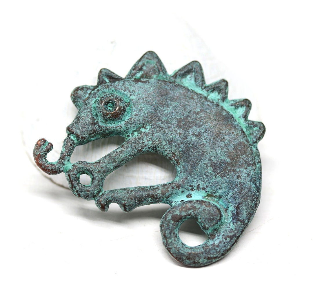 Chameleon Green Patina Copper Pendant Bead, Double Sided Animal Charm ...