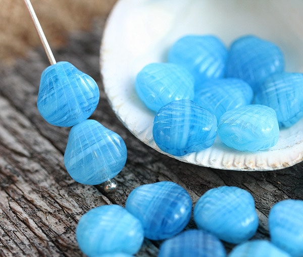 Blue Glass Shell Beads 9mm Czech Blue Seashells DIY Beach | Etsy