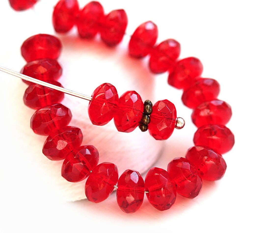 4x7mm Ruby Red Czech Glass Rondelle Beads Red Rondels Gemstone Cut Fire ...