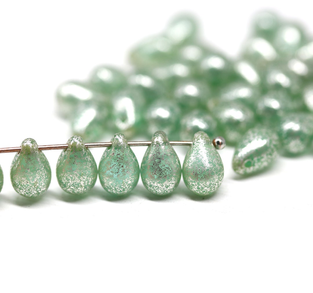 Antique Green Czech Glass Drops, Silver Wash Light Green Teardrops ...