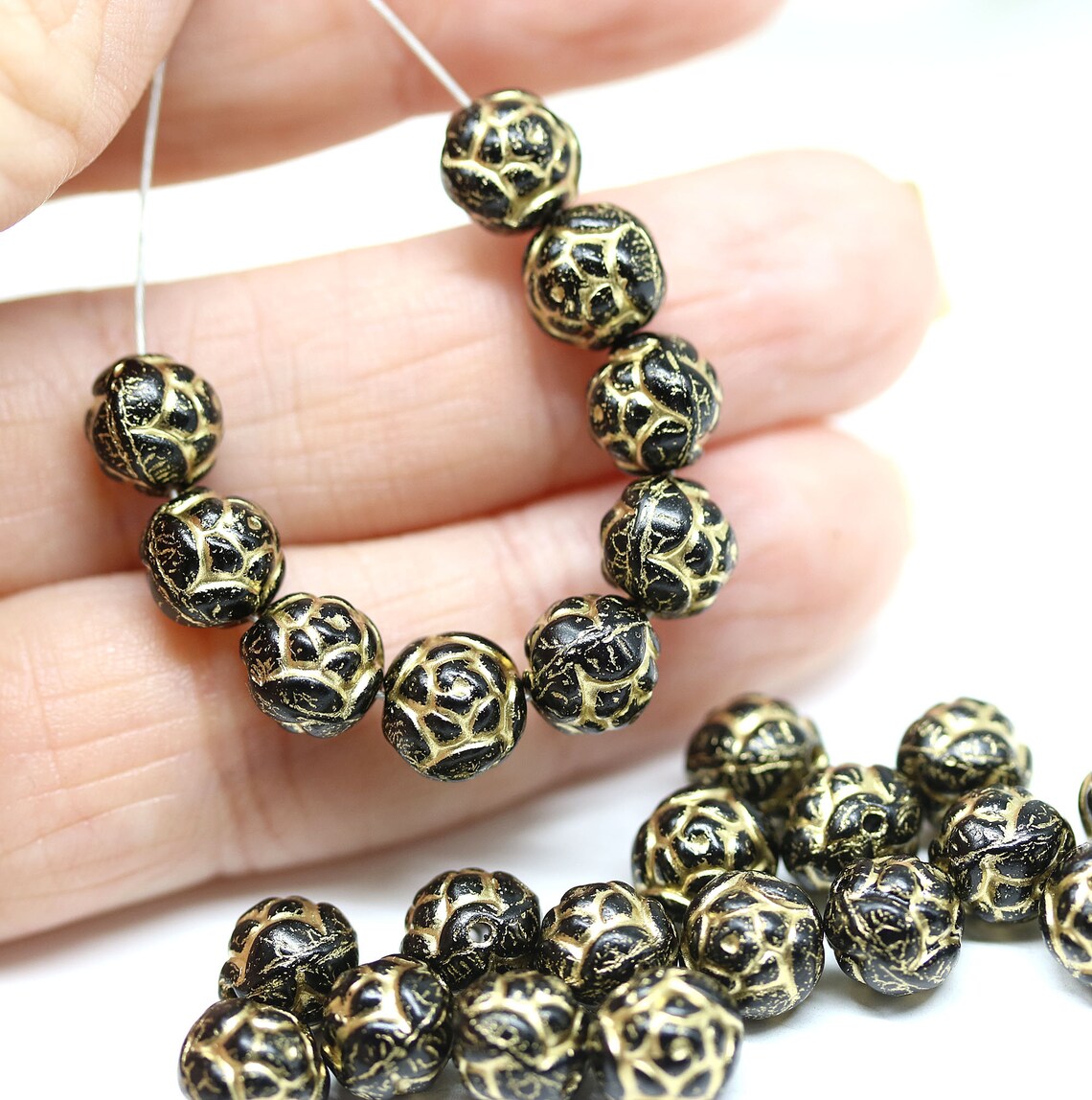 7mm Black Rose Bud Beads Gold Wash Rose Flower Round Czech - Etsy