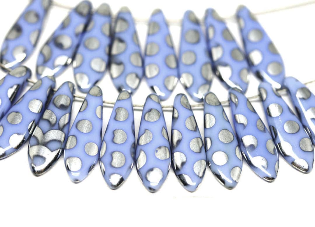 Blue Silver Dagger Beads Blue Czech Glass Beads Silver Dots Ornament ...