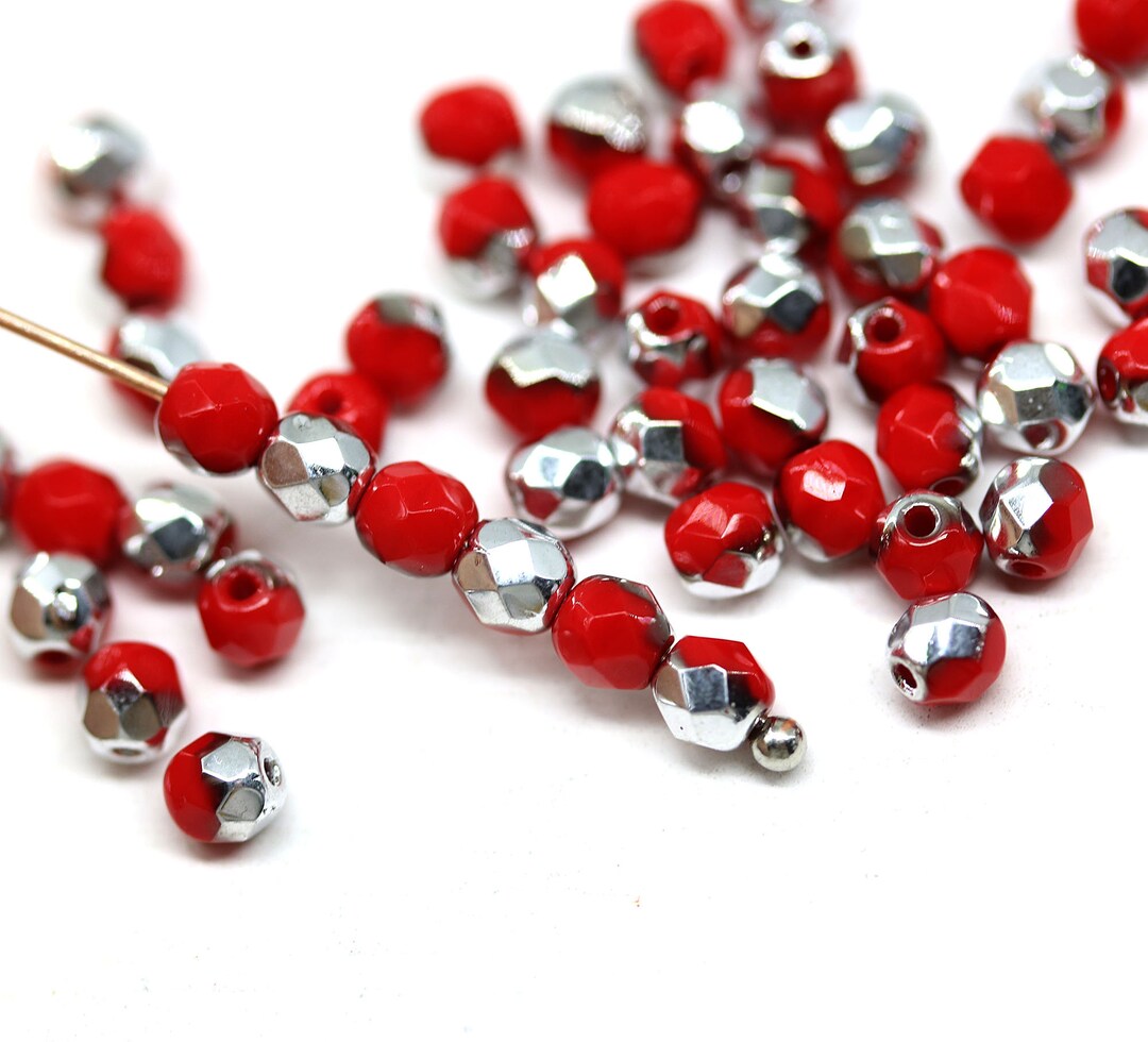 4mm Opaque Red Czech Glass Beads Silver Luster Fire Polished Round ...