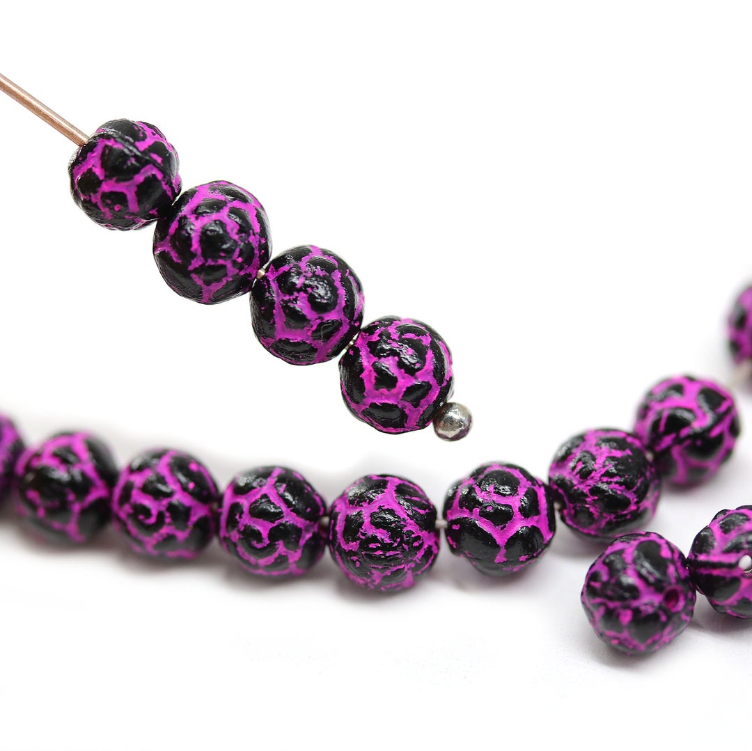 5mm Black Rose Bud Beads Black Pink Rose Flower Round Czech Glass Beads ...