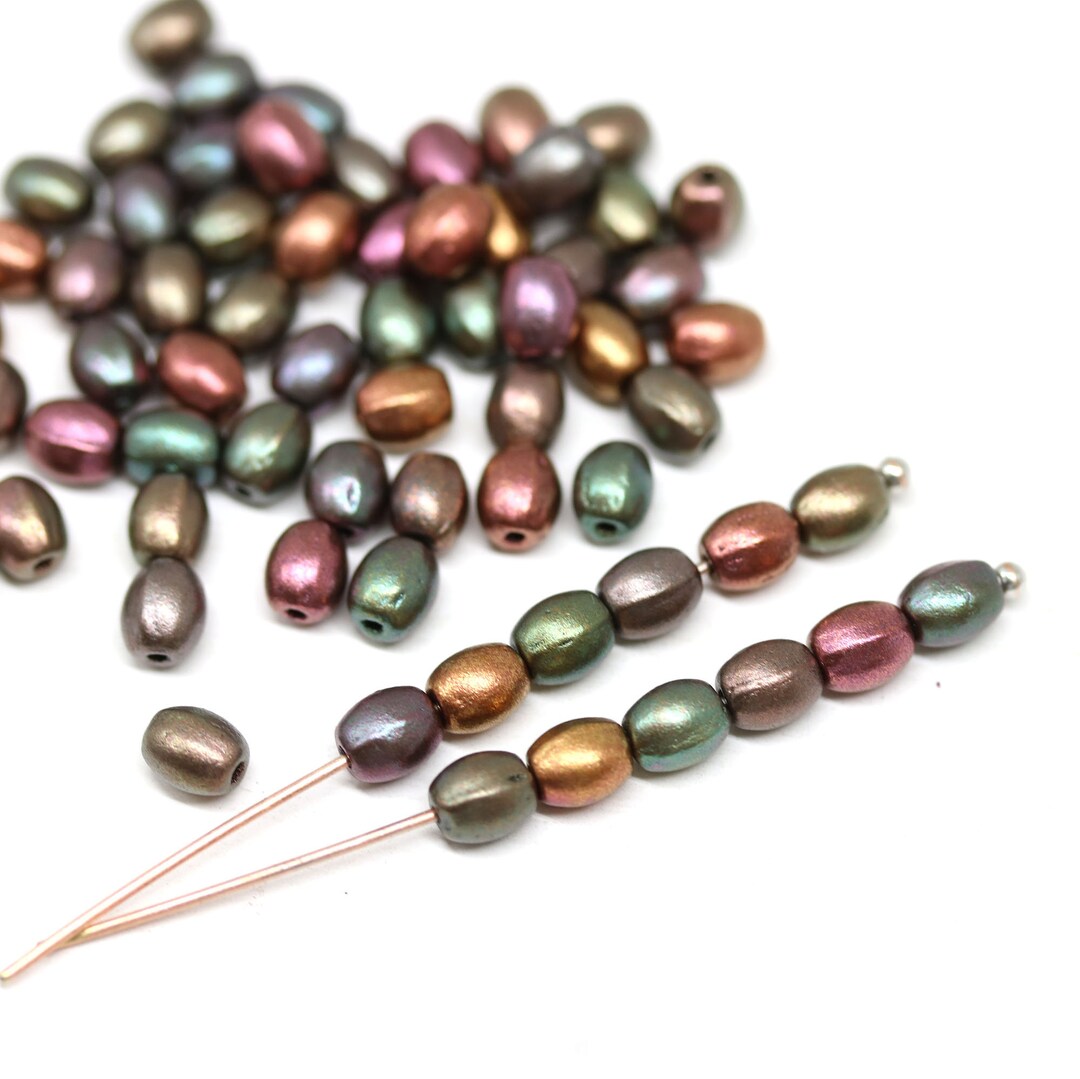 5x4mm Czech Glass Rice Beads Mix, Oval Matte Metallic Pressed Barrel ...