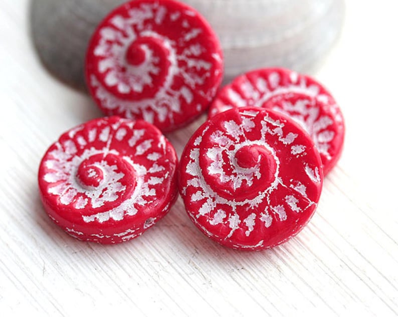 Red Glass Beads Red and White Spiral Czech Glass Circle | Etsy