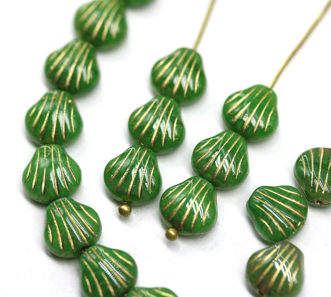 Grass Green Glass Shell Beads Gold Inlays 9mm Czech Center Drilled ...
