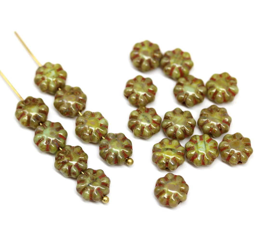 Picasso Green Daisy Flower Czech Glass Beads 9mm Flat Daisy Floral