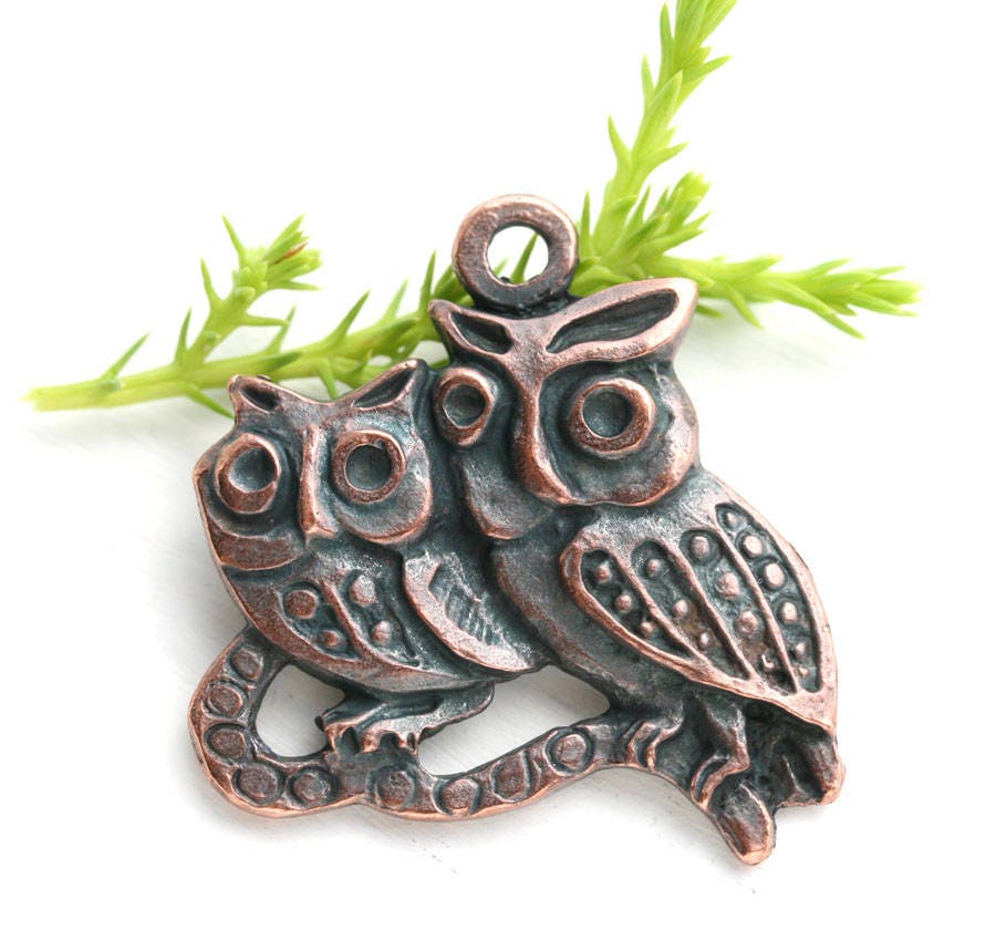 Copper Owl Pendant bead Two owl birds on branch focal bead | Etsy
