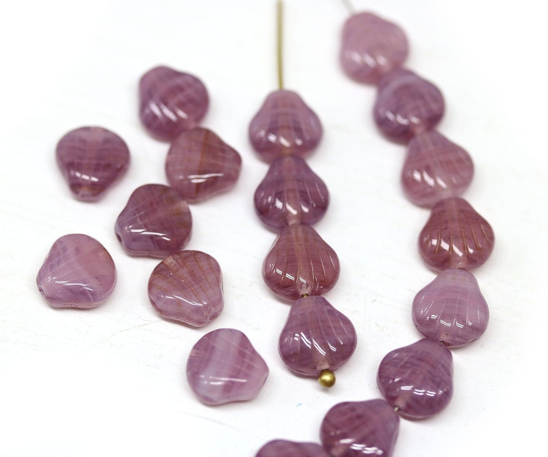 Purple Glass Shell Beads, 9mm Czech Center Drilled Seashell Beads 30pc ...