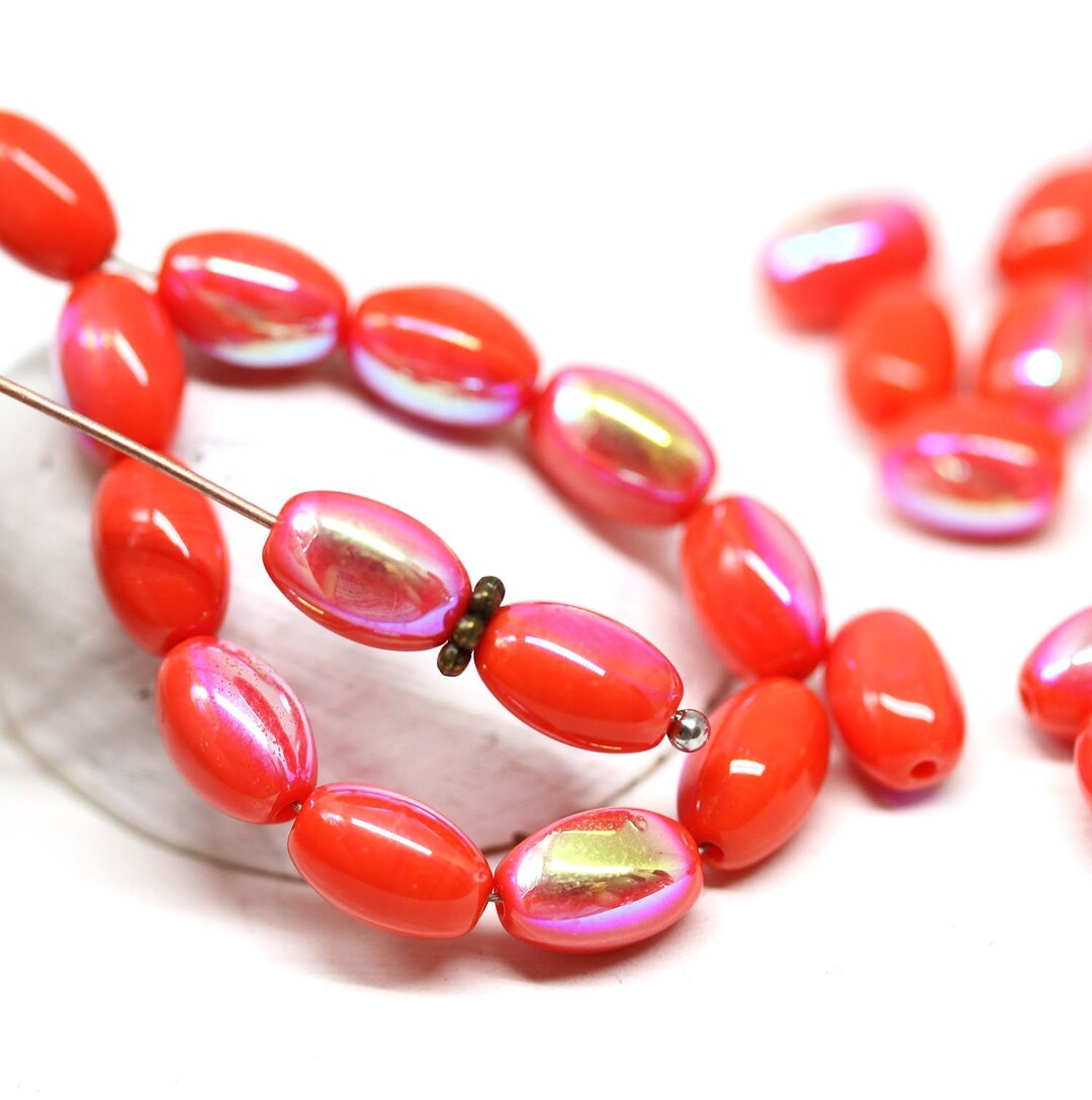 Coral Red Oval Beads, Czech Glass Pressed Barrel Beads AB Finish, Red ...