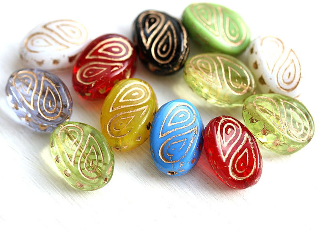 Beads Mix, Golden Inlays, Green, Large Fantasy Oval Czech Glass Beads ...