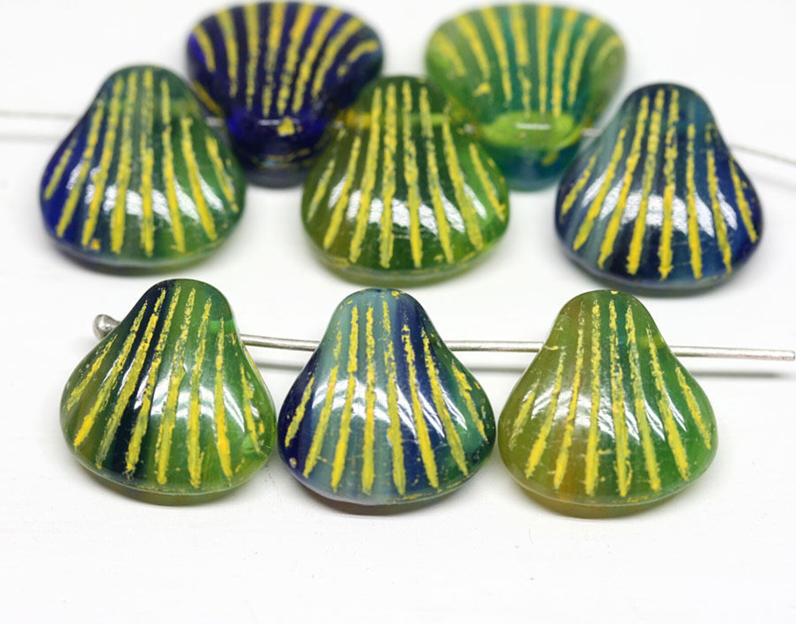 Glass Shell Beads Mix Blue Green Yellow Czech Glass Beads Blue - Etsy