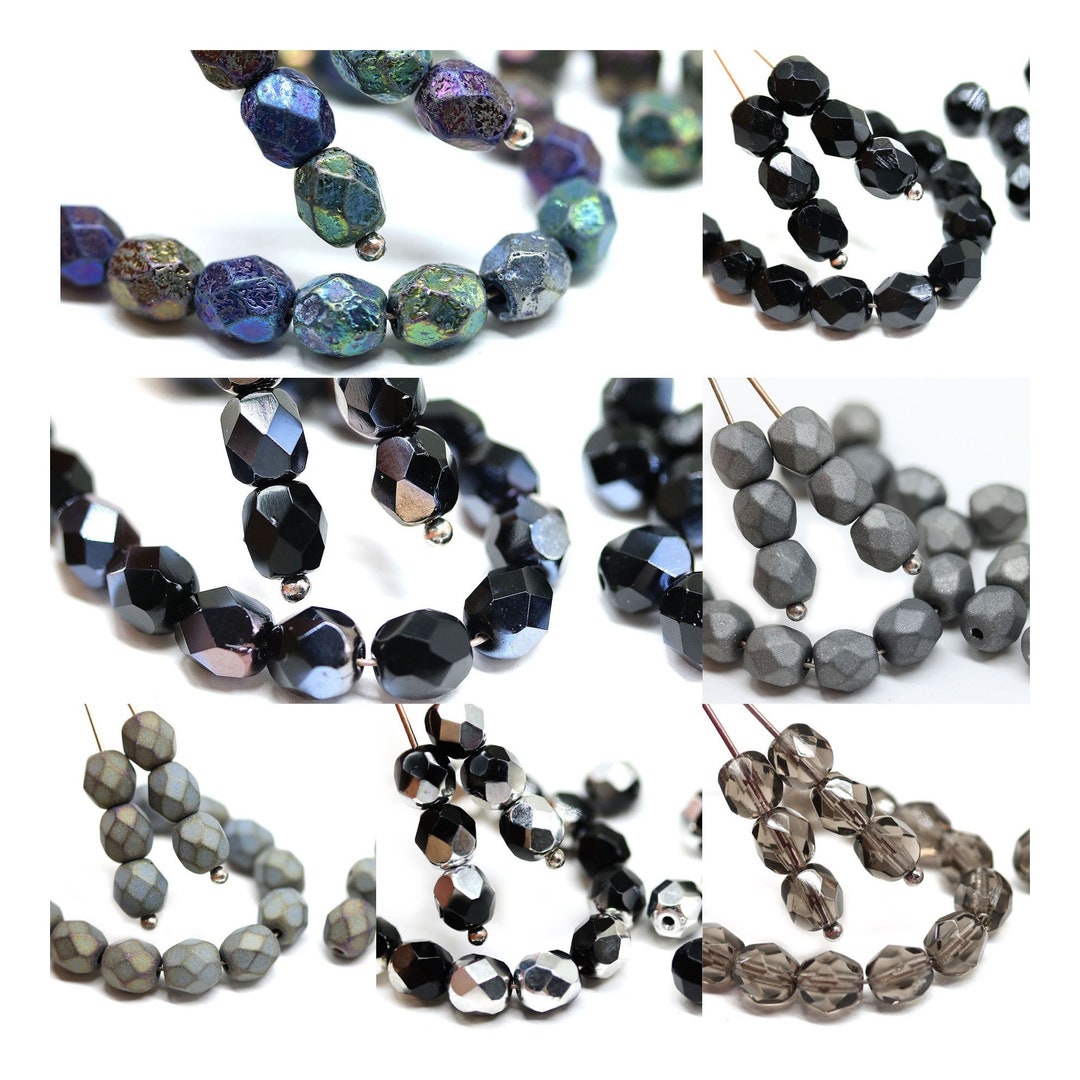 6mm Black Czech Glass Round Cut Beads Gray Metallic Fire Polished ...