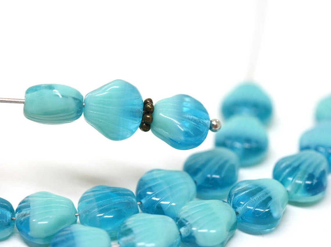 Blue Glass Shell Beads Mixed Sea Blue Czech Beads 9mm Center | Etsy