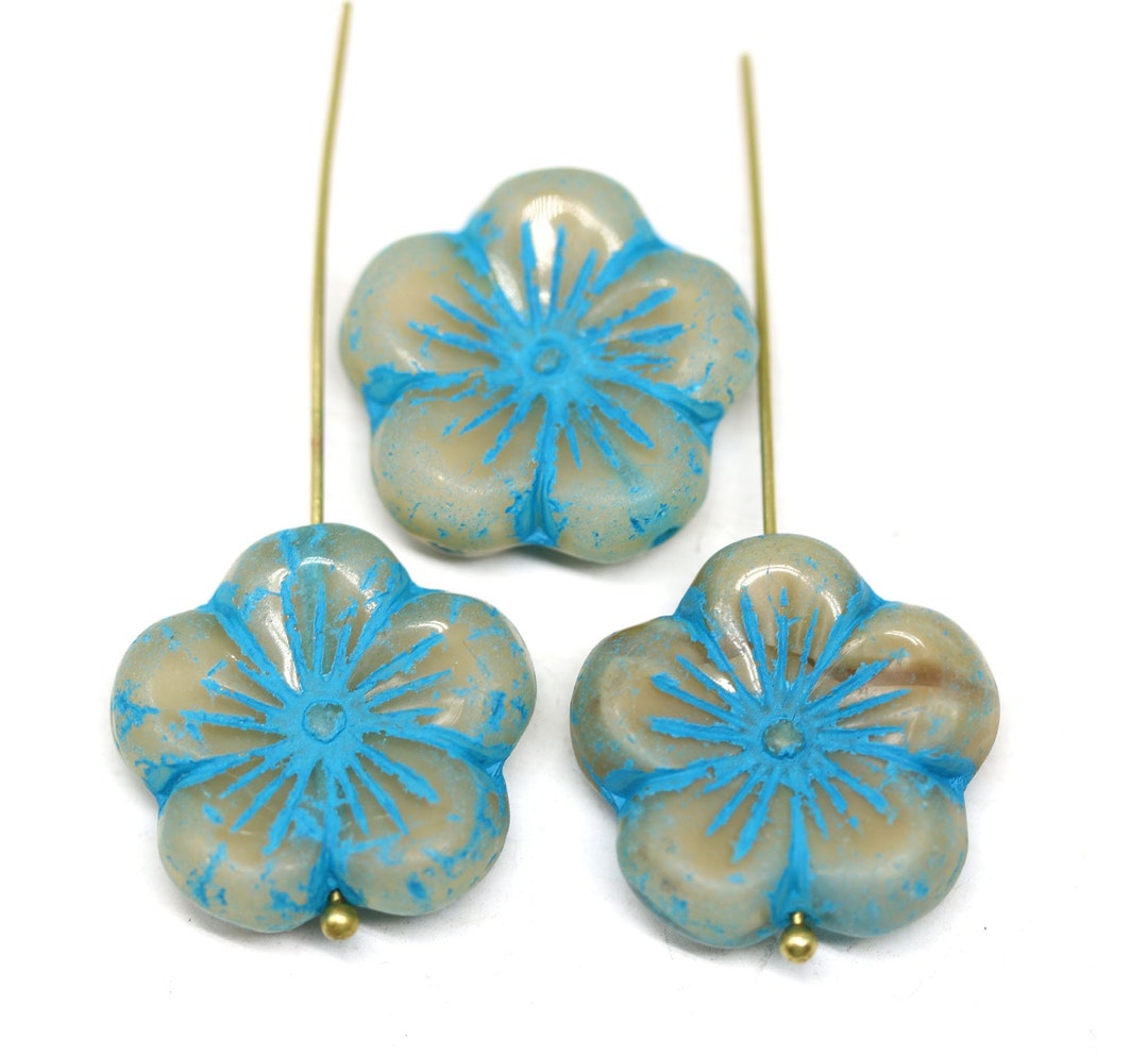22mm Large Blue Flower Beads, Mixed Beige Czech Glass Big Flower Beads ...