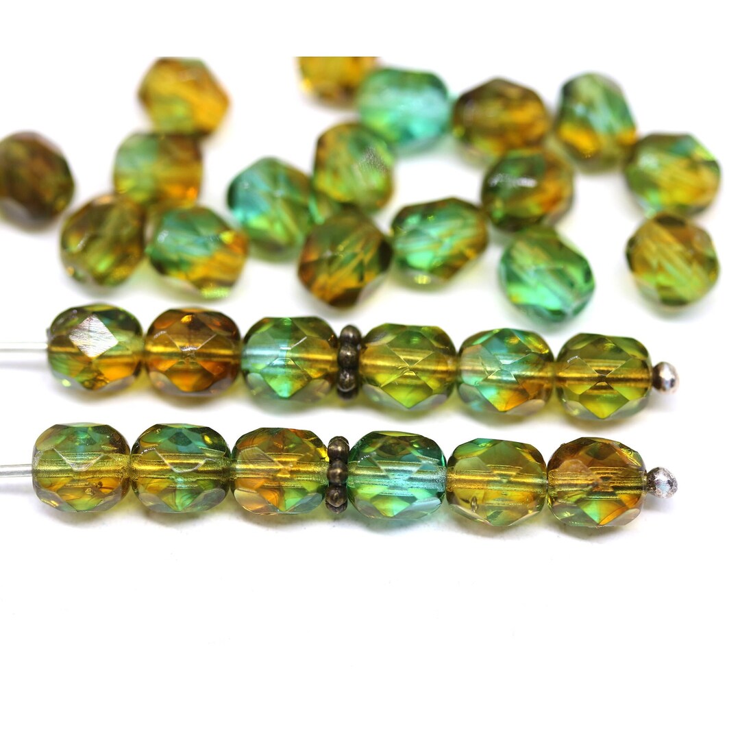 6mm Green Brown Czech Glass Round Cut Beads Fire Polished Spacers, 30pc ...