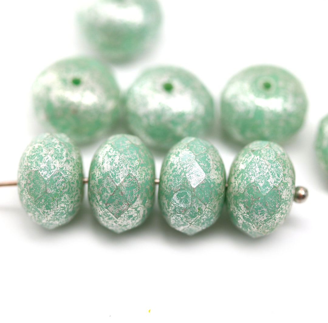 7x11mm Mint Green Fire Polished Rondelle Silver Wash Czech Glass Beads ...