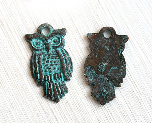 Owl pendant metal owl charm Green patina on copper owl | Etsy