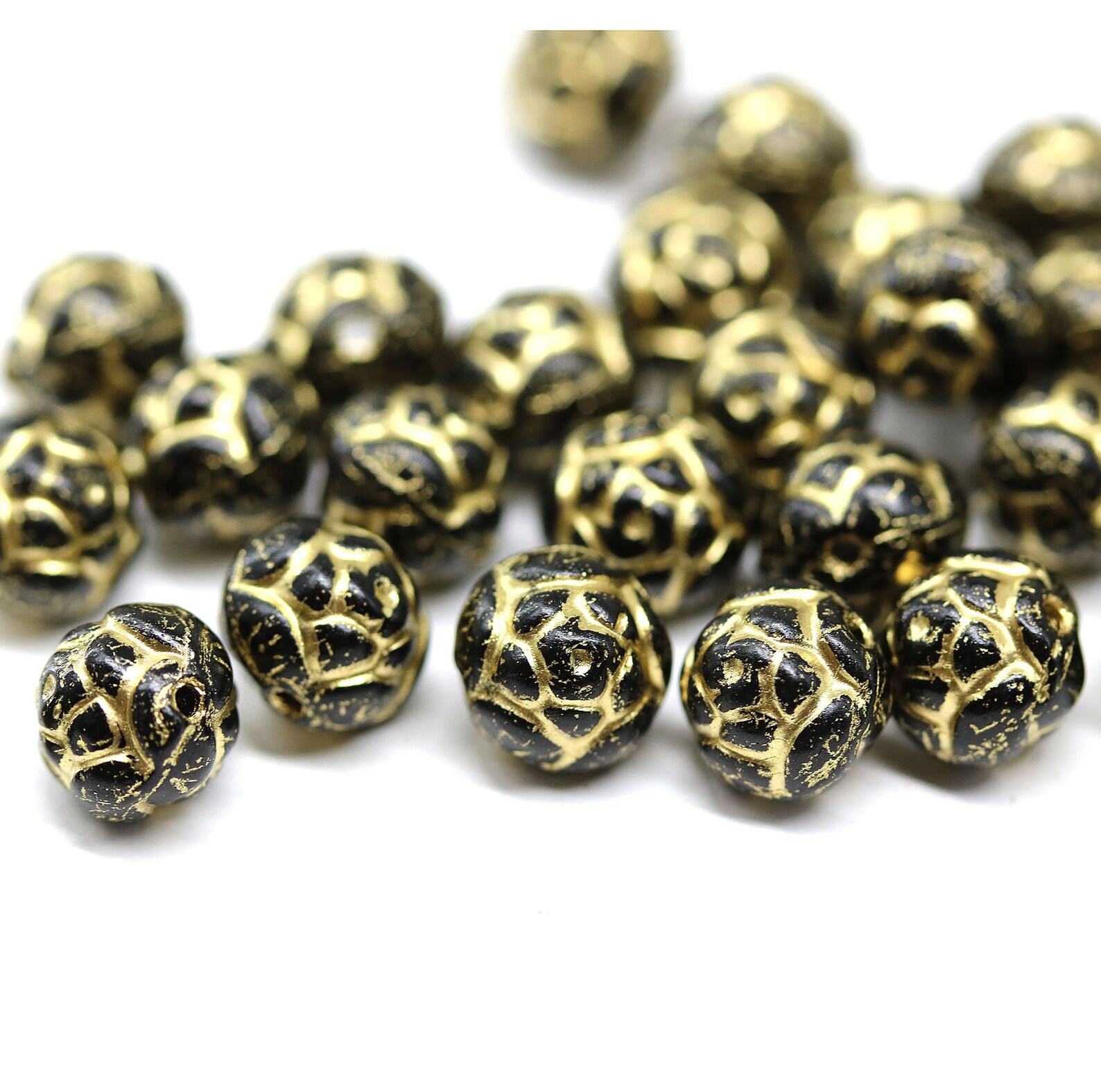 7mm Black Rose Bud Beads Gold Wash Rose Flower Round Czech - Etsy