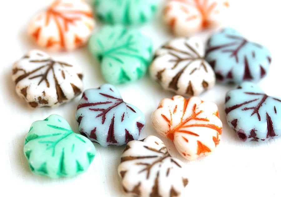 12pc Fancy Maple Leaf Beads Mix Czech Glass Leaves Blue | Etsy