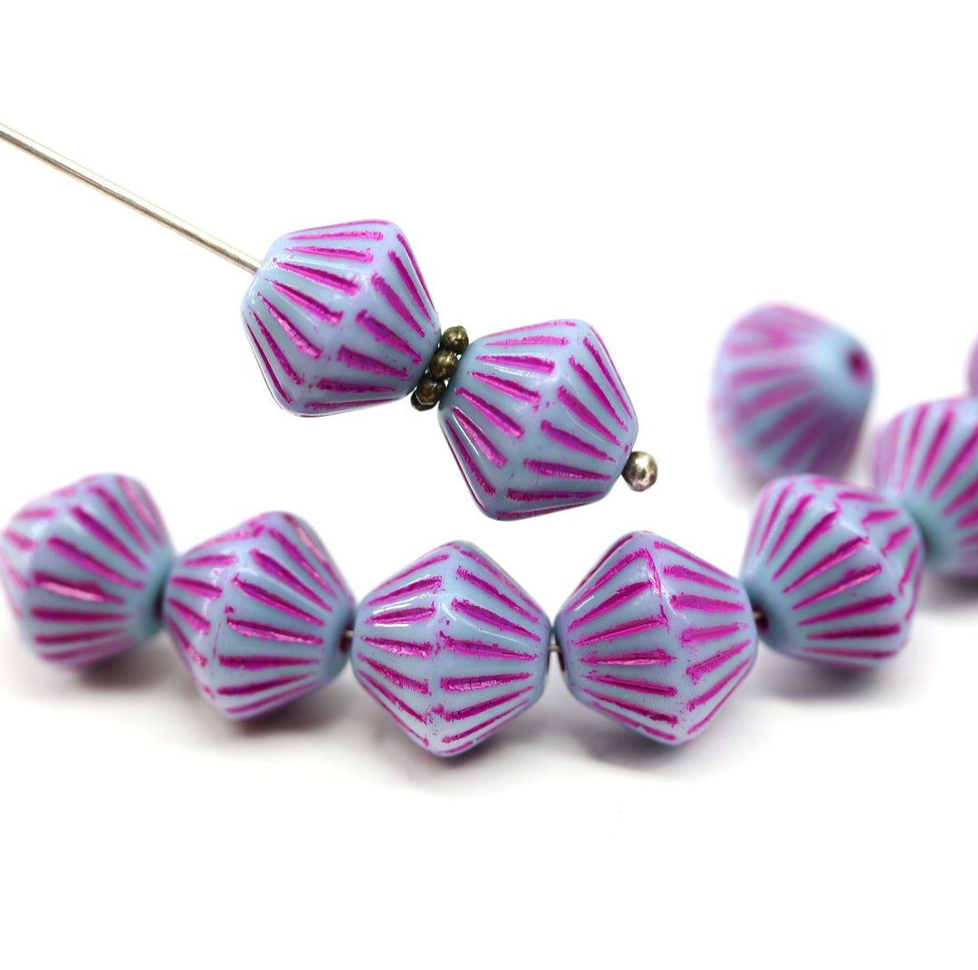 11mm Large Blue Czech Glass Bicone Beads Pink Stripes 10pc - 5794 - Etsy