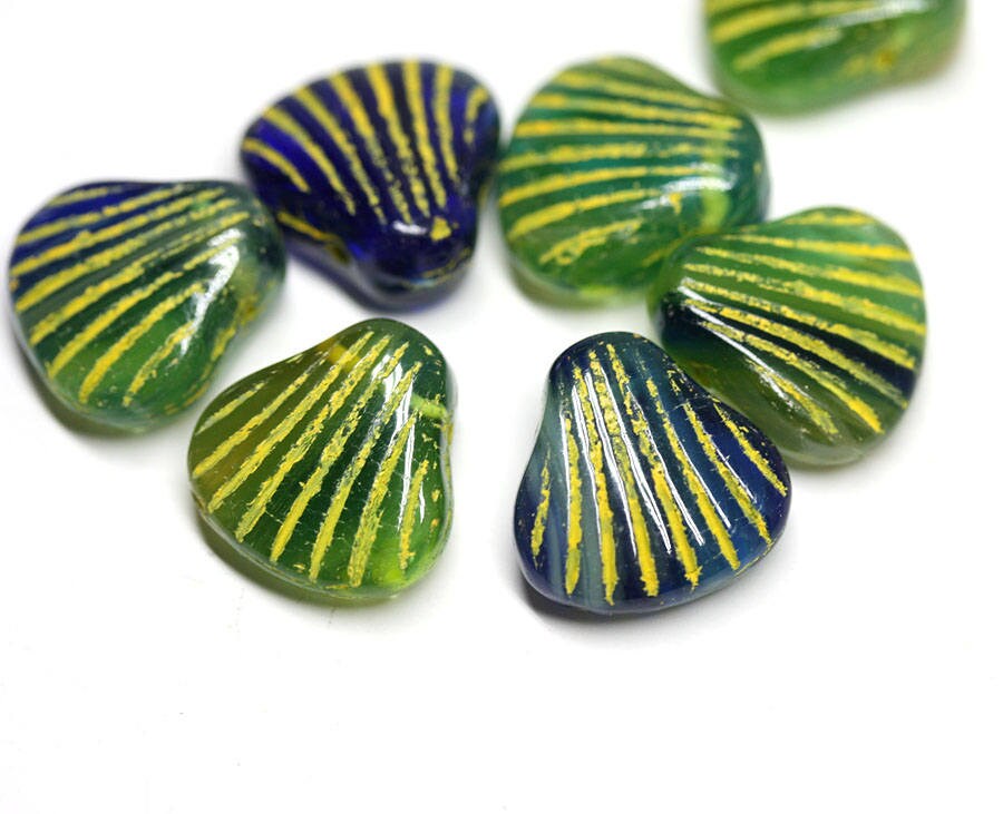 Glass Shell Beads Mix Blue Green Yellow Czech Glass Beads Blue - Etsy