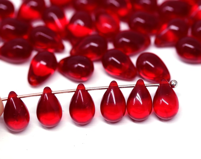 6x9mm Dark Red Czech Glass Teardrop Beads, Transparent Ruby Red Top ...